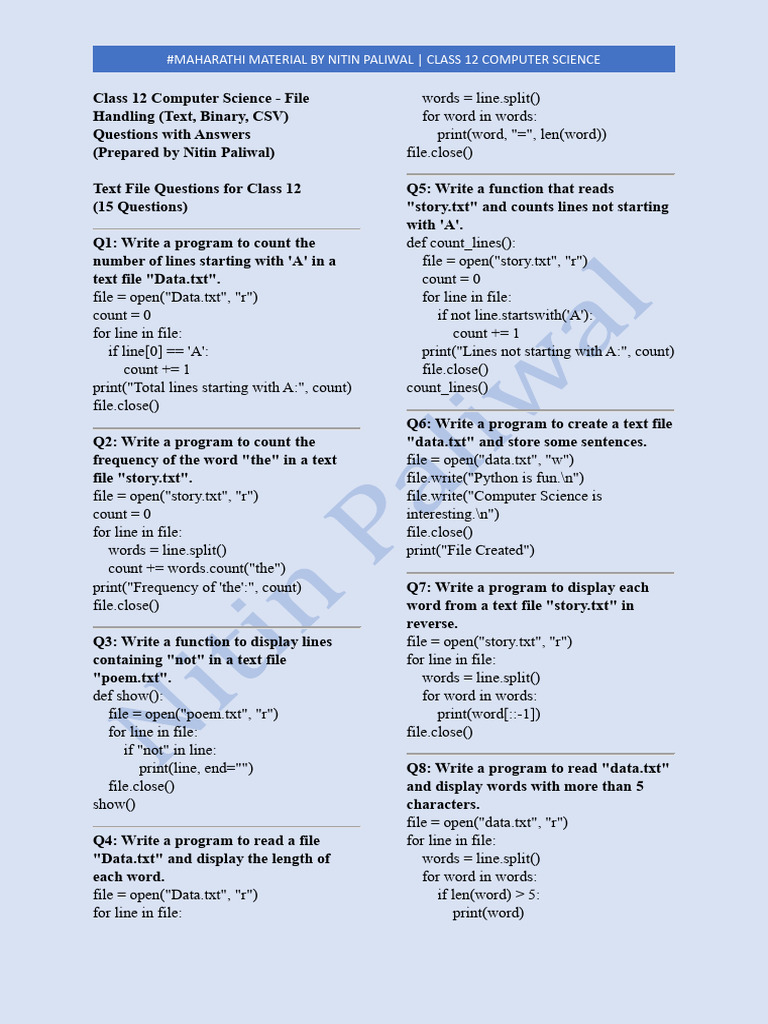 Class 12 Computer Science File Handling | PDF | Text File | Computer ...