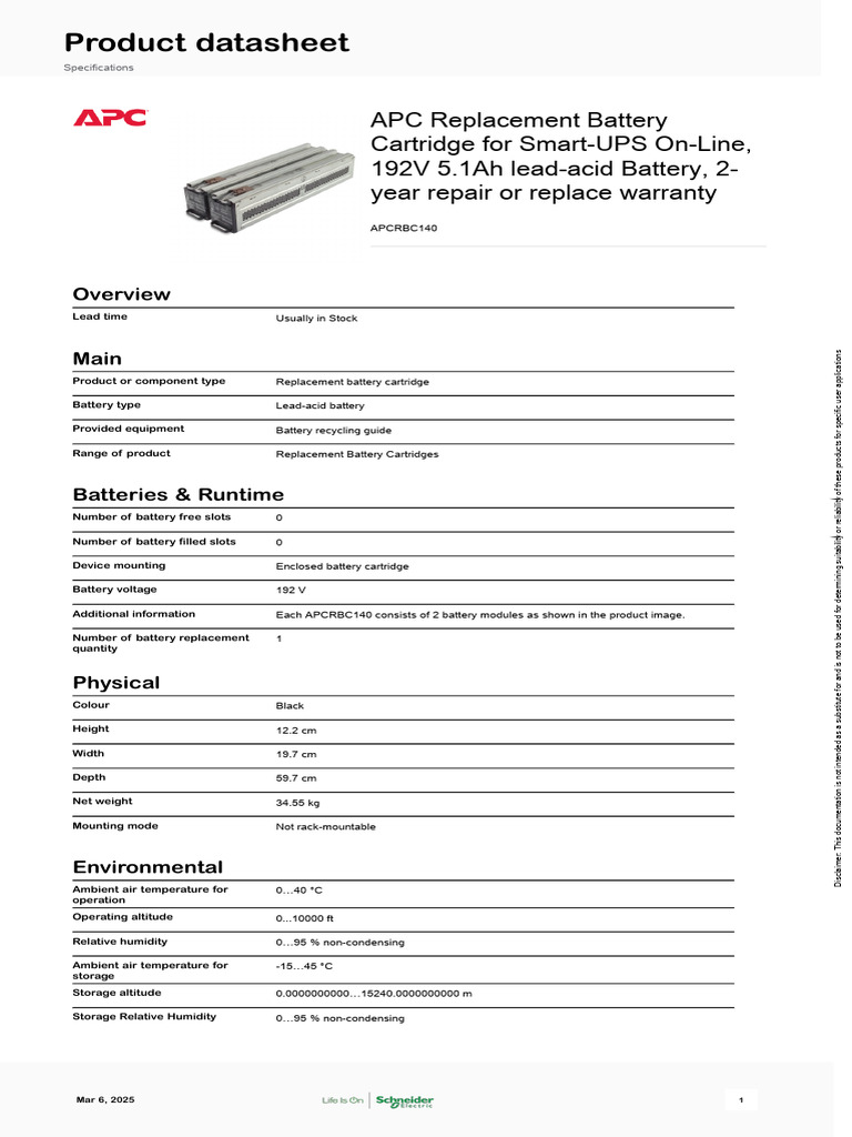 Schneider Electric Replacement-Battery-Cartridges APCRBC140 | PDF