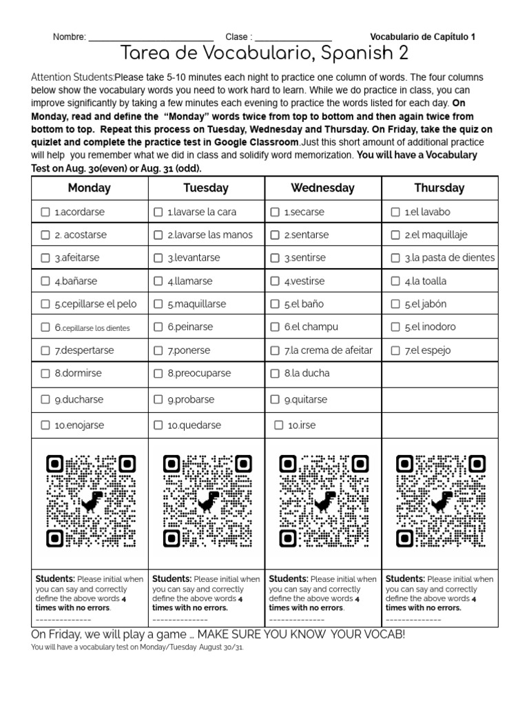 Tarea de Vocabulario, Spanish 2: Monday Tuesday Wednesday Thursday ...