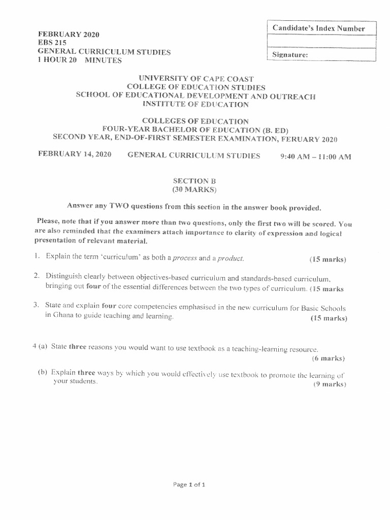 General Curriculum Studies - 2020 End of Sem - Sect B | PDF