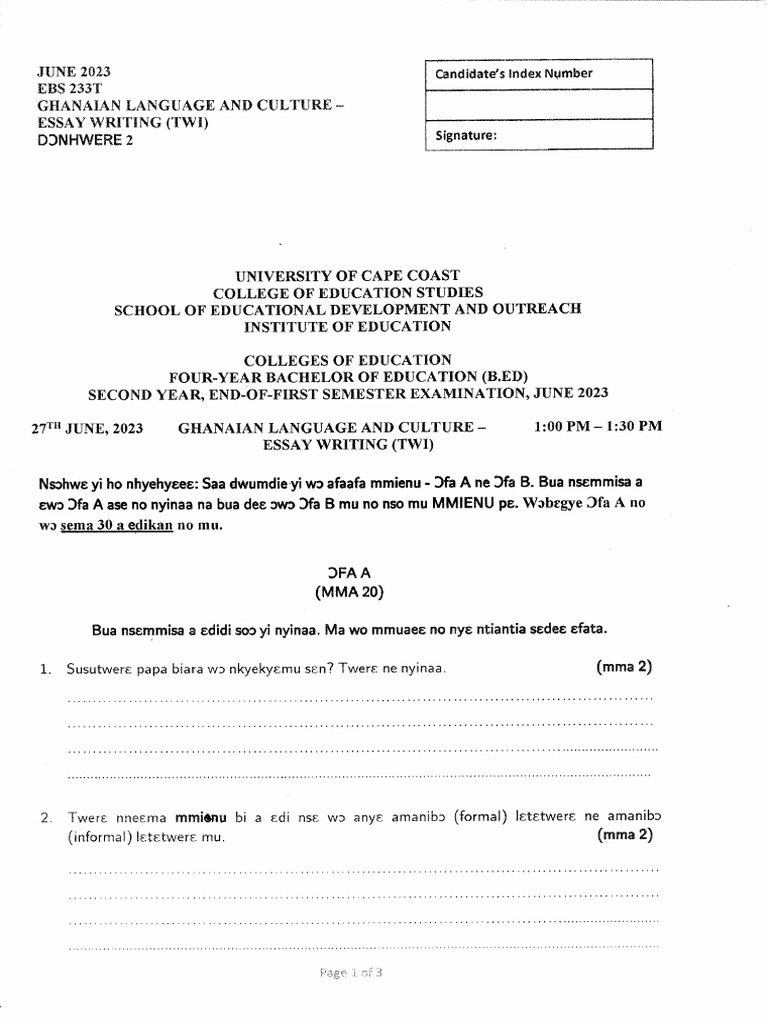Ghanaian Language and Culture - Essay Writing (Twi) - 2023 End of Sem ...