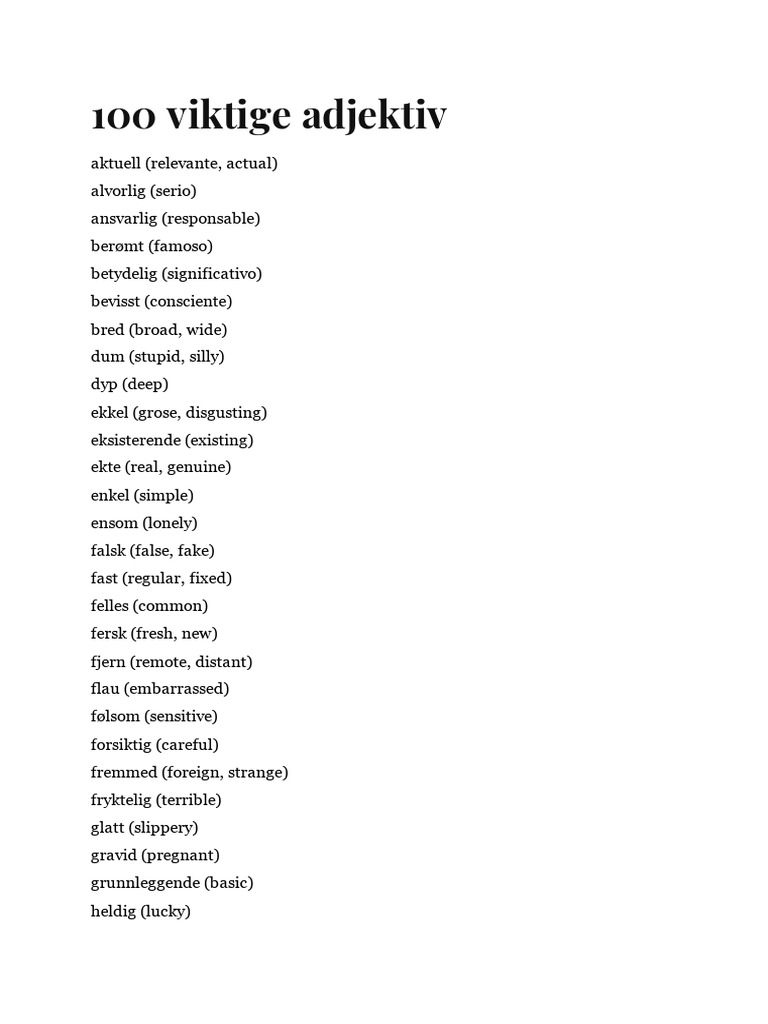 100 Viktige Adjektiv | PDF