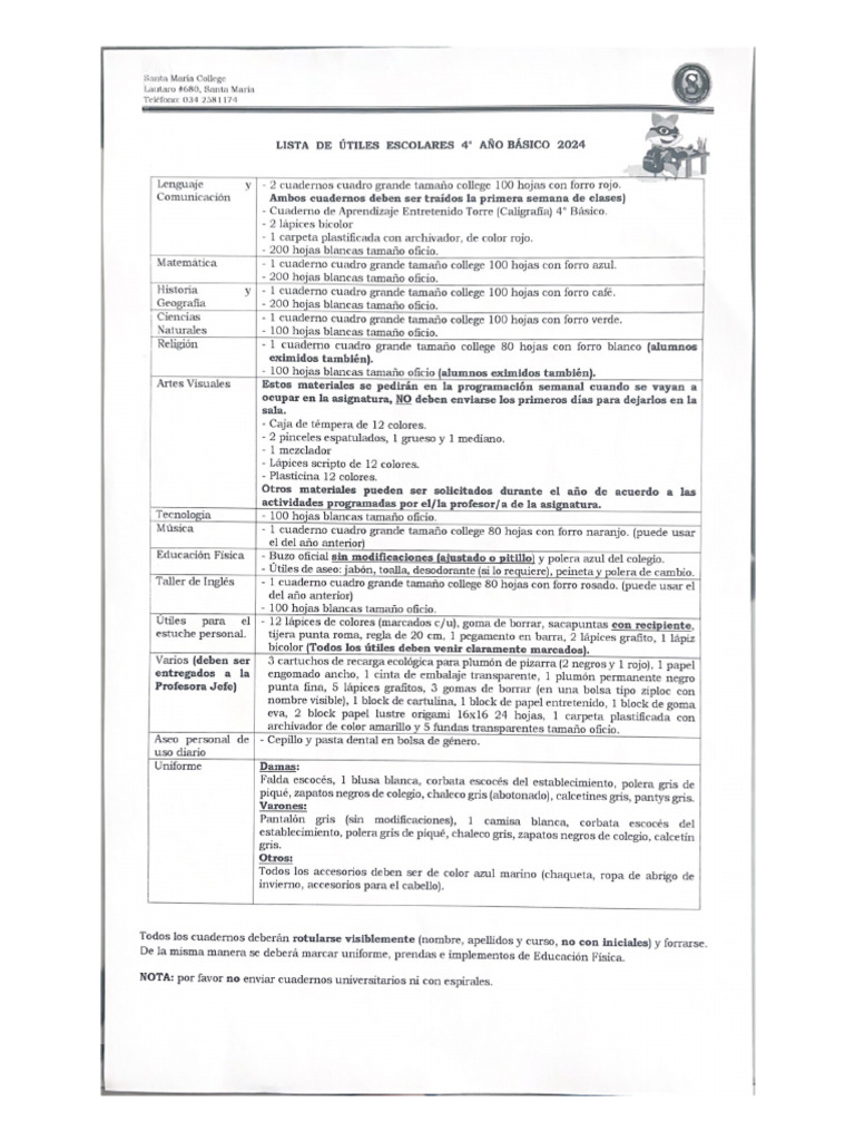 Plan lector y Listado Utiles 2024 4°basico | PDF