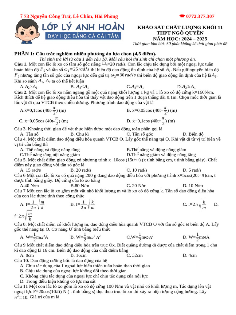 Đề khảo sát Lý 11 2k8 - kỳ 1 - NQ 2024 | PDF