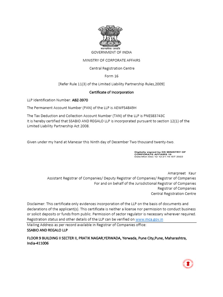 LLP Incorporation Certificate Download | PDF