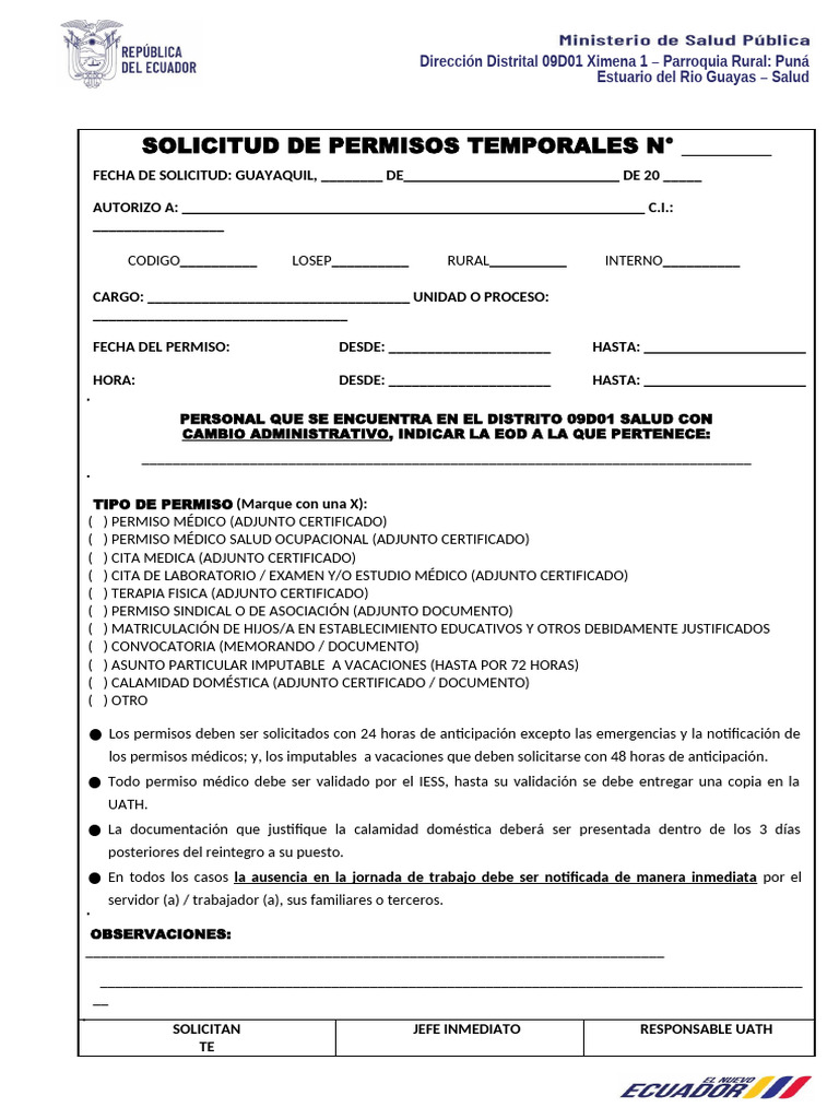 SOLICITUD DE PERMISOS TEMPORALES Actualizado 2024 v2 | PDF
