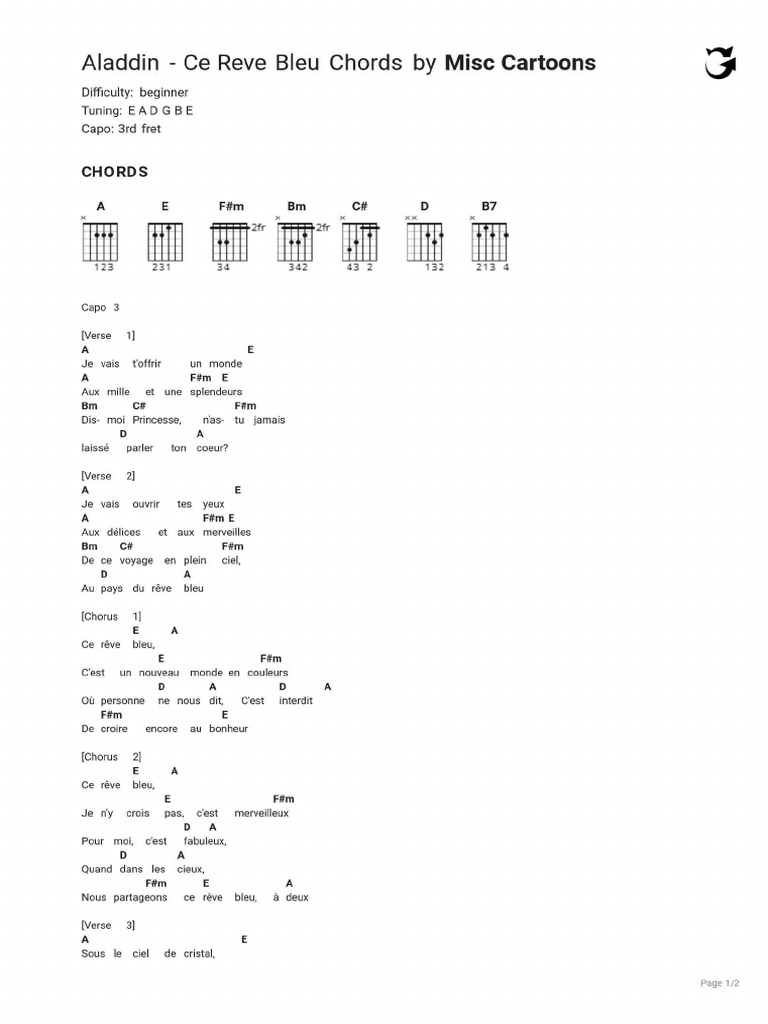 Aladdin - Ce Reve Bleu Chords-1 | PDF