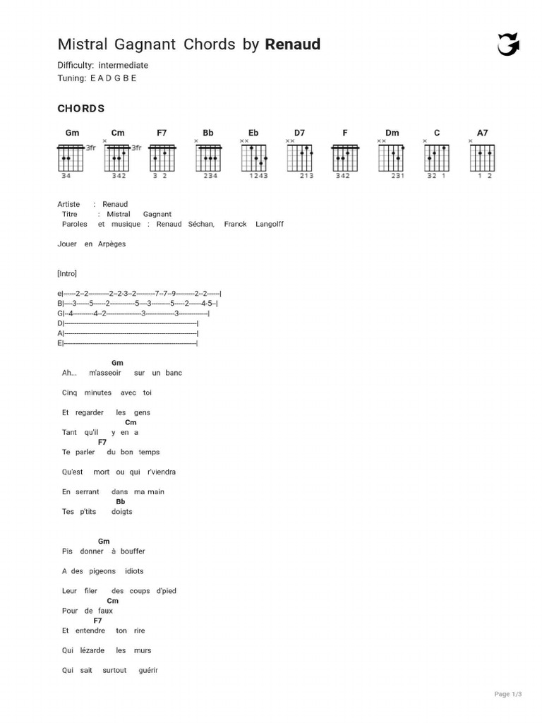 Mistral Gagnant Chords | PDF