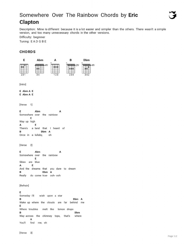 somewhere over the rainbow chords | PDF