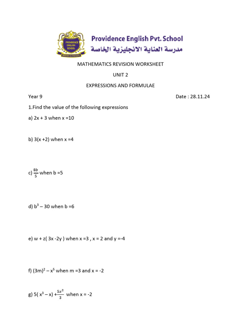 Math_revision_unit_2MATHEMATICS_REVISION_WORKSHEET | PDF
