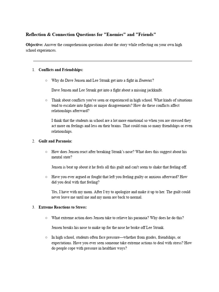 Comprehension Questions For - Enemies - and - Friends | PDF | Feeling ...