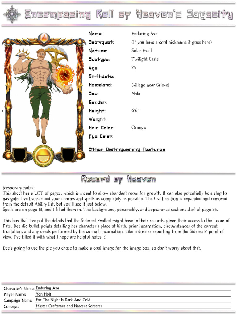 Exalted Character Sheet: Enduring Axe | PDF
