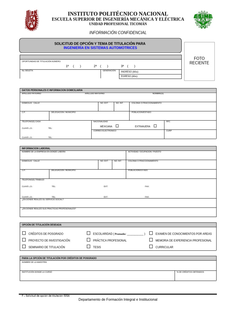 Solicitud de Titulación ISISA IPN | PDF