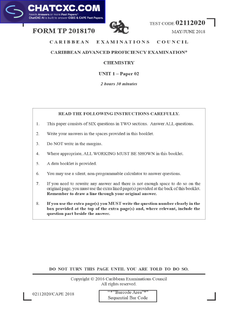 CAPE Chemistry U1 P2 2018 | PDF | Gases | Chemical Bond