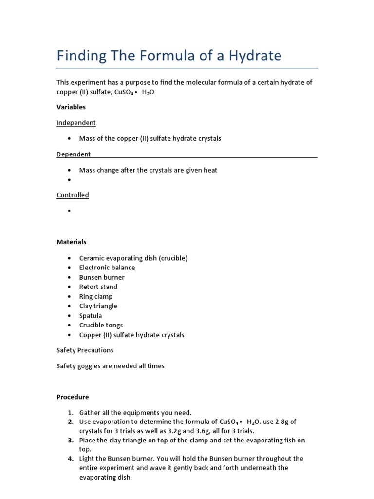 Determining CuSO4 Hydrate Formula | PDF | Properties Of Water | Mole (Unit)