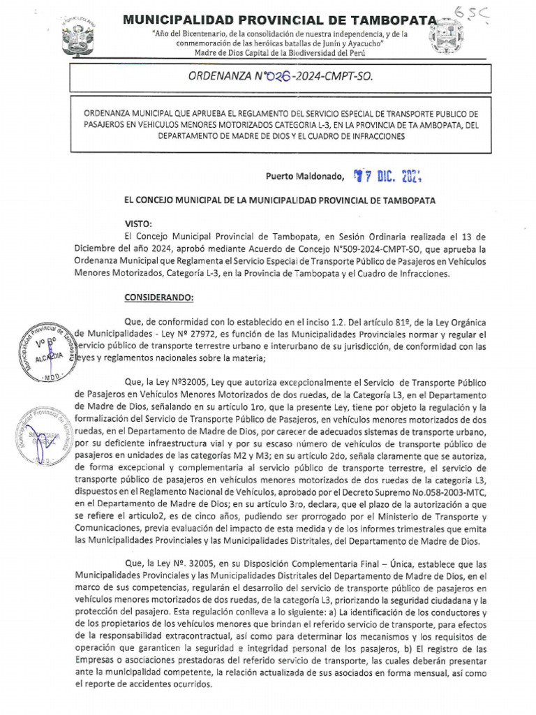 Ordenanza N 026-2024-Cmpt-So. Nueva Ordenanza de Mototaxis en Vehiculos l3 | PDF