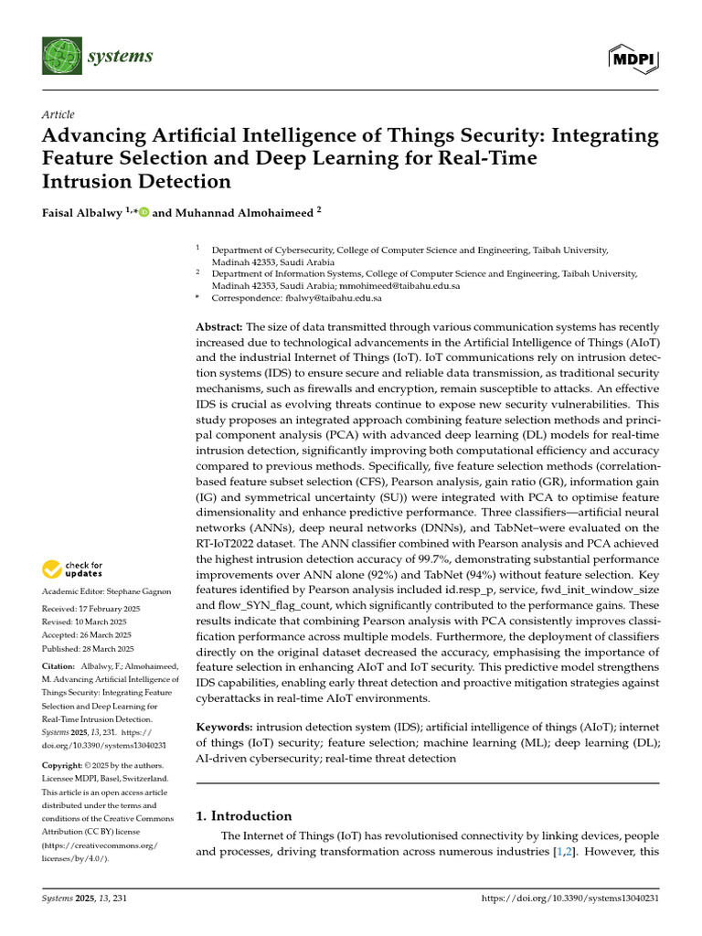 Advancing Artificial Intelligence of Things Security: Integrating Feature Selection and Deep ...