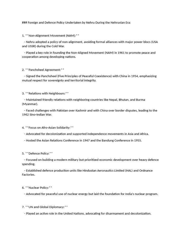 Nehru's Foreign and Defence Policy Overview | PDF | Non Aligned ...