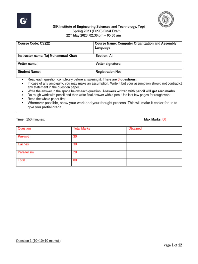 CS222 - COAL - SOLUTION - Final - Spring2023 | PDF | Cpu Cache | Central Processing Unit