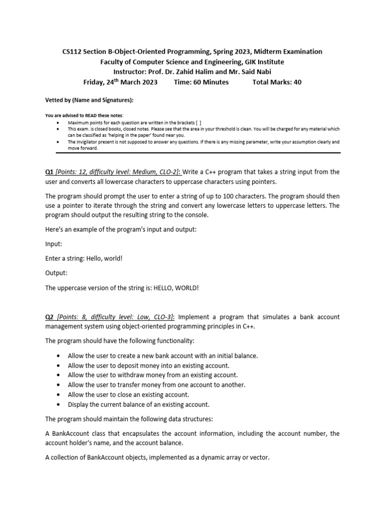 CS112 Spring 2023 Midterm Exam Guide | PDF | Method (Computer Programming) | Matrix (Mathematics)