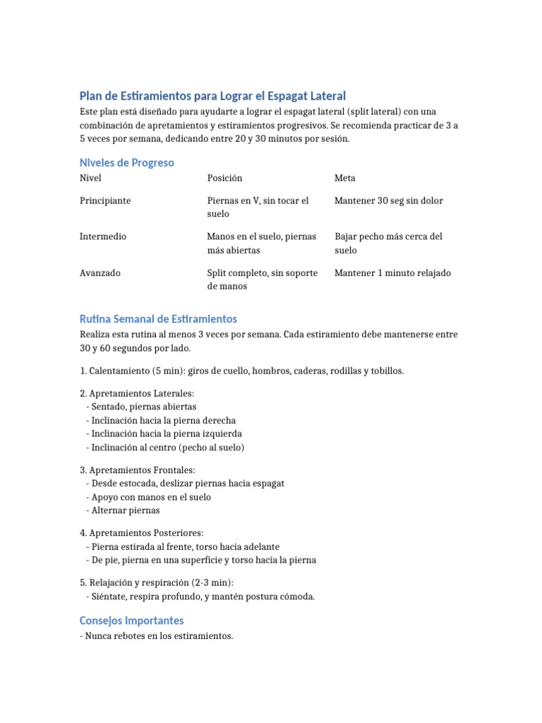 Plan de Estiramientos para Espagat Lateral | PDF