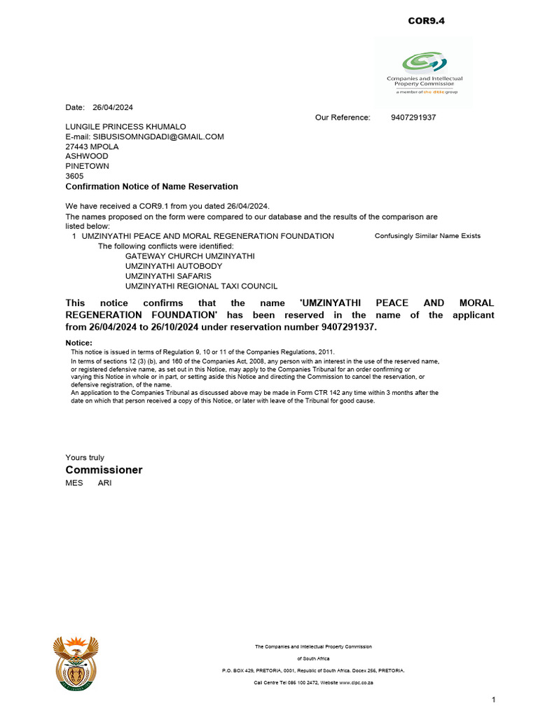 Confirmation Notice of Name Reservation: Commissioner | PDF