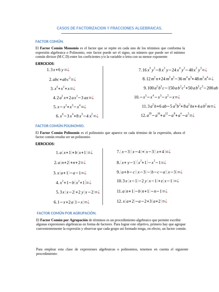 Casos de Factorizacion y Fracciones Algebraicas | PDF | Factorización | Objetos matemáticos