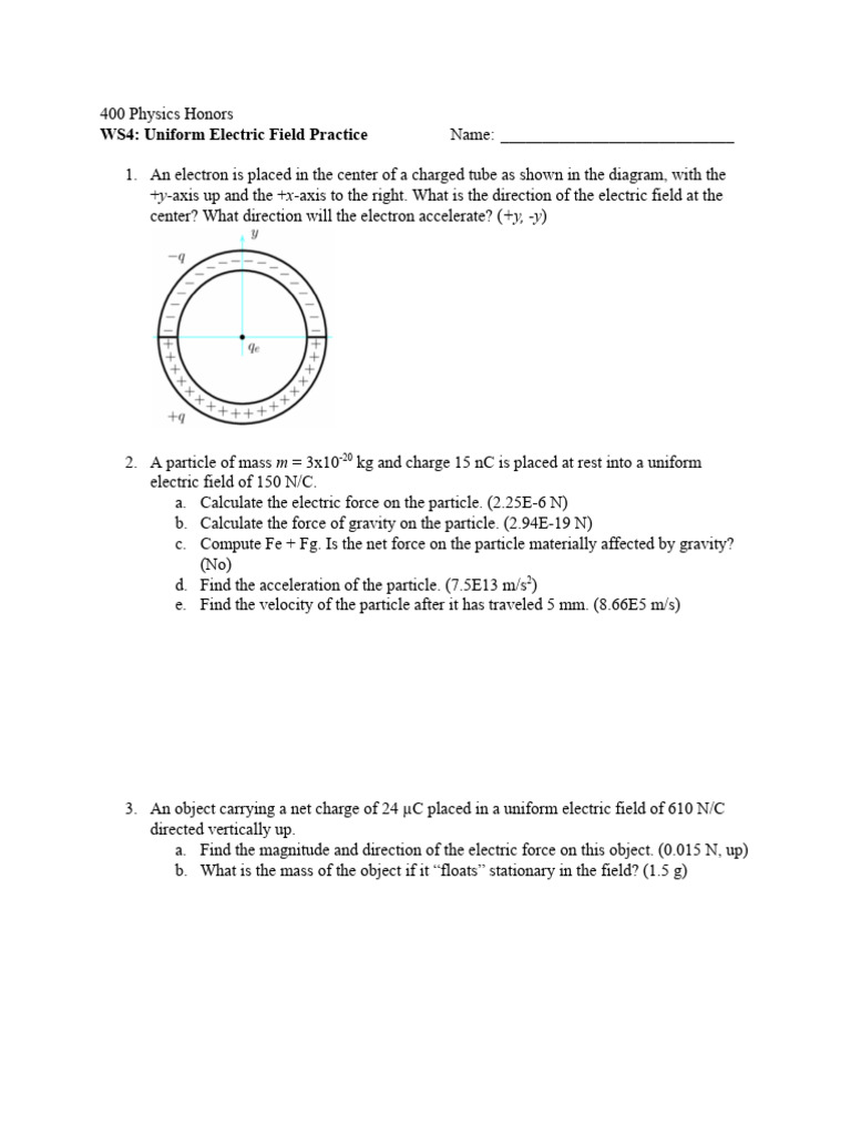 WS4 - Uniform Electric Field Practice | PDF | Force | Electric Field