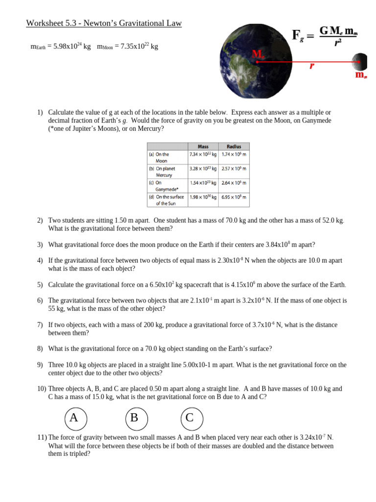 Unit 5 - Worksheet - 5.3 - Newtons Gravitational Law | PDF