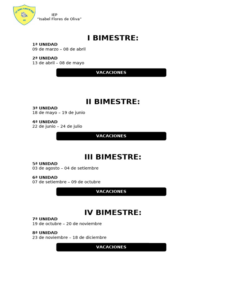 Fechas de Bimestres Con Sus Unidades | PDF