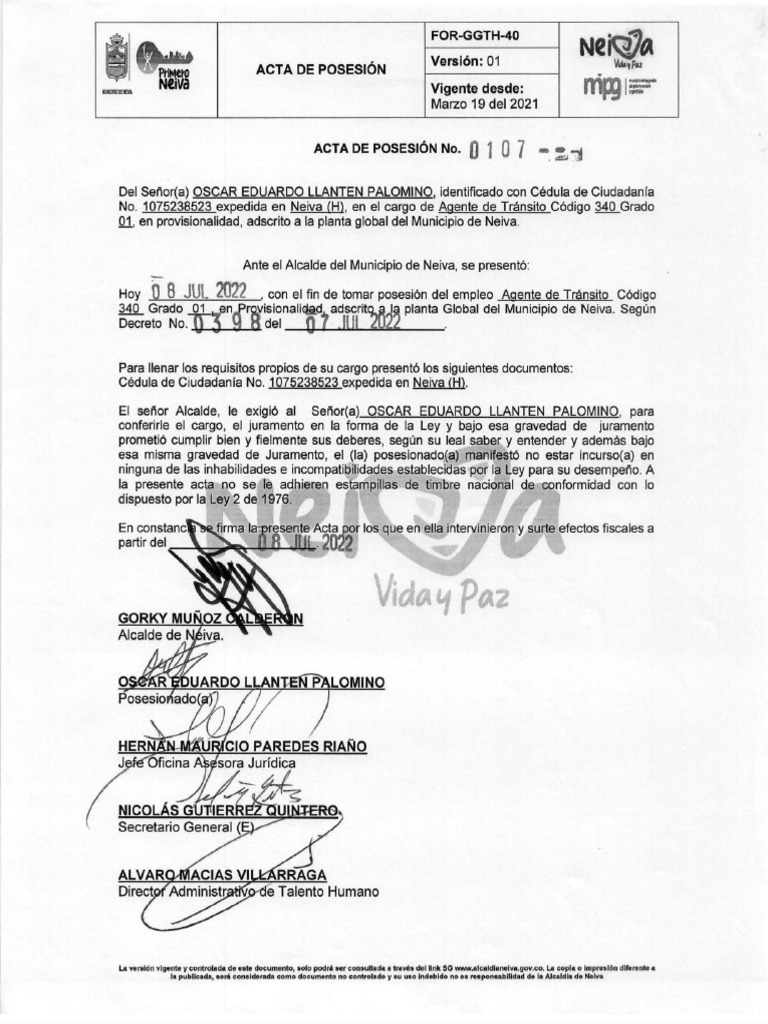 Acta de Posesion 0107 Del 08-07-2022 | PDF