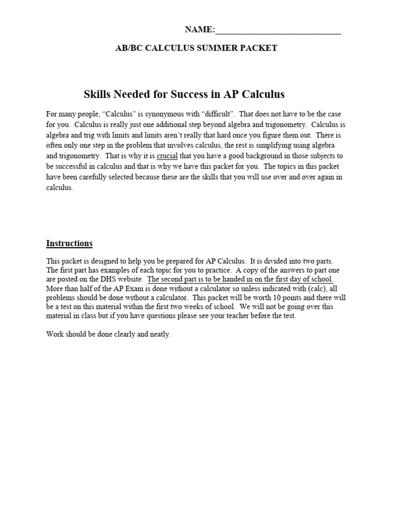 4 AP Calculus Summer Packet 2020 | PDF | Trigonometric Functions ...