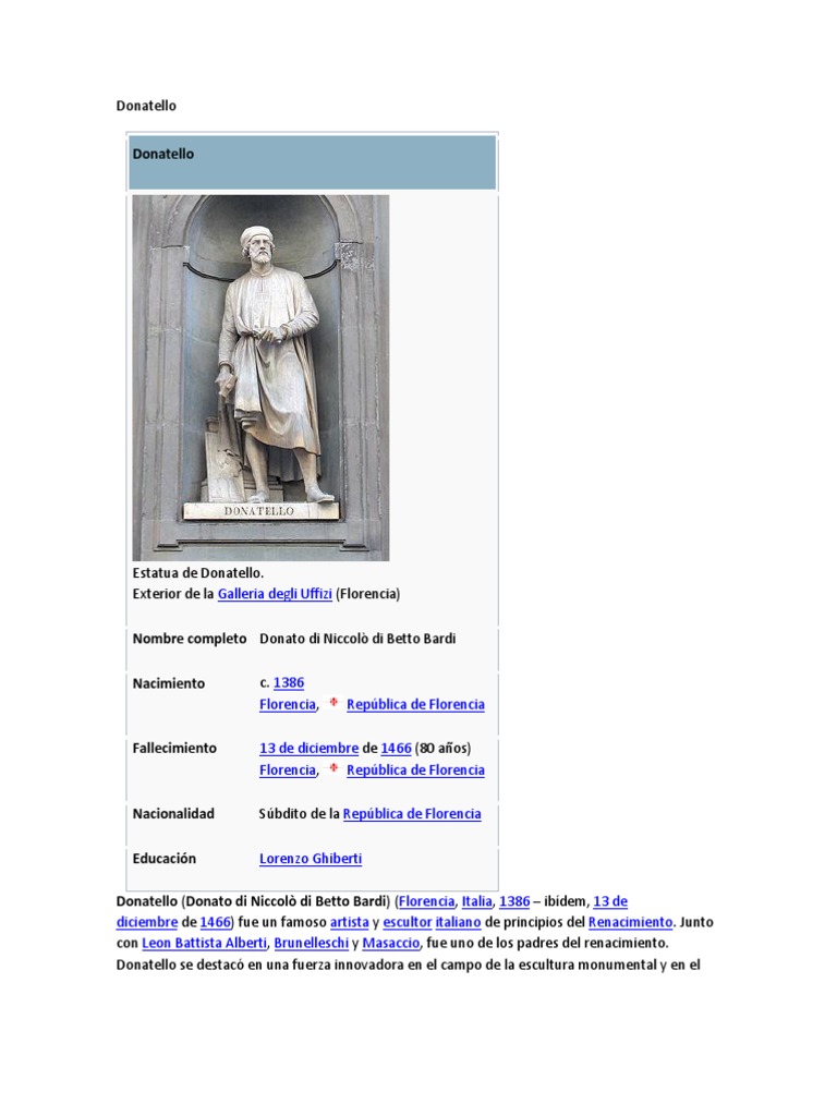 Biografía y obras de Donatello | PDF | Escultura | Florencia
