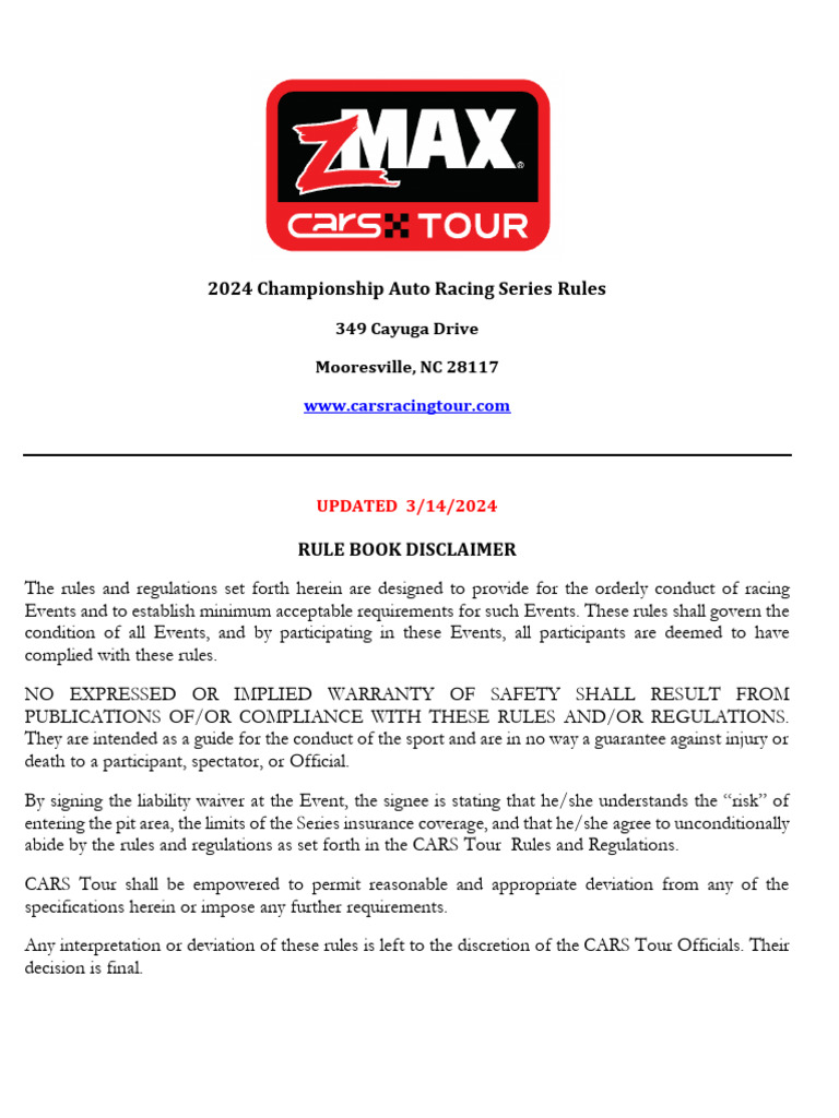 2024 Cars Tour Rule Book Official | PDF | Motor Vehicle | Motorsport