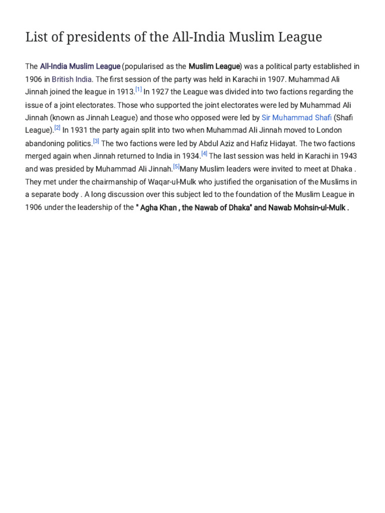 List of Presidents of The All-India Muslim League - Wikipedia | PDF | All India Muslim League ...