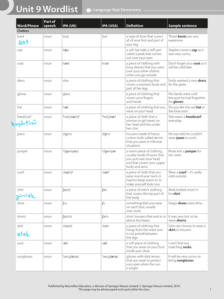 LH_Elementary_Wordlist_U9 | PDF | Clothing | Sock