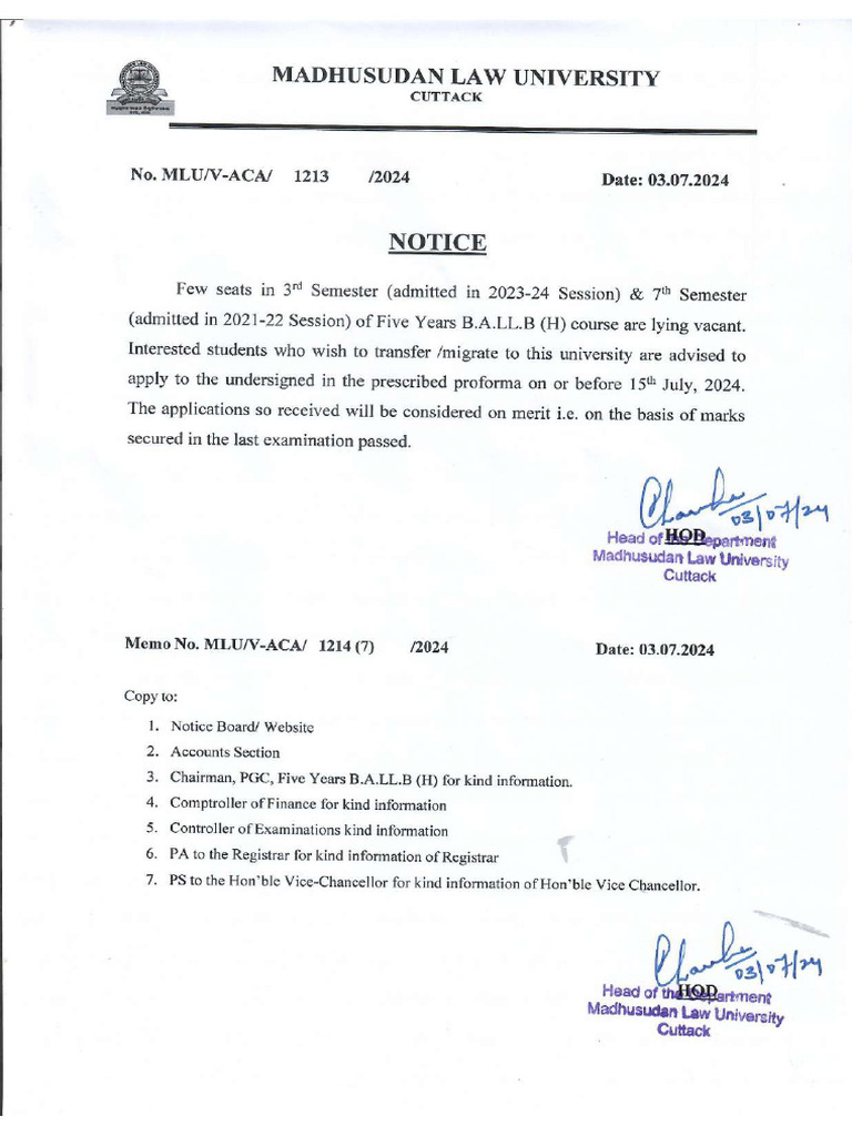 Notice For Transfer of Students1720006018 | PDF