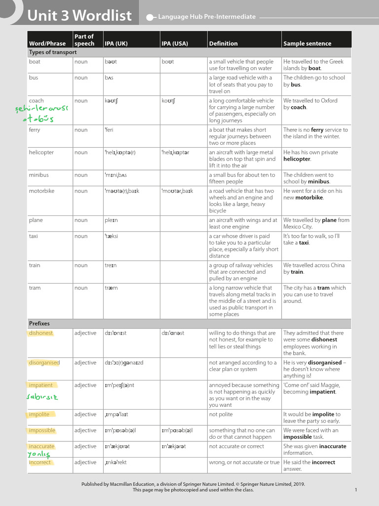 LH Pre-Intermediate Wordlist U3 | PDF | Adjective | Hotel