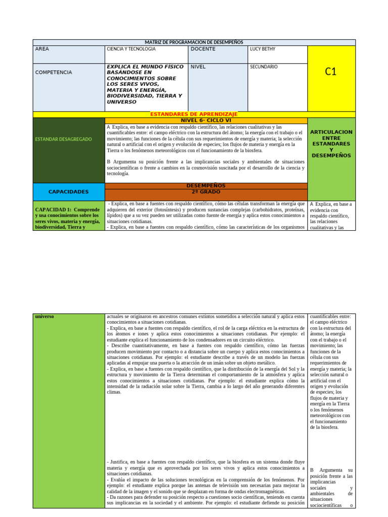 Matriz de Programacion de Desempeños - VBVBV | PDF | Importar ...