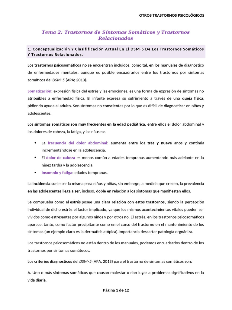 Tema 2 - Trastornos de Síntomas Somáticos y Trastornos Relacionados | PDF | Trastorno depresivo ...