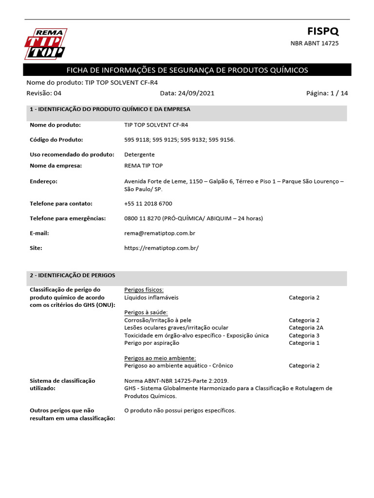 FISPQ Tip Top Solvent CF-R4 | PDF | Respiração | Vapor