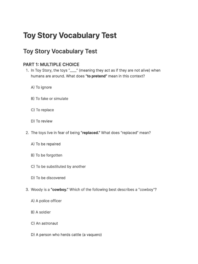 Toy Story Vocabulary Test | PDF