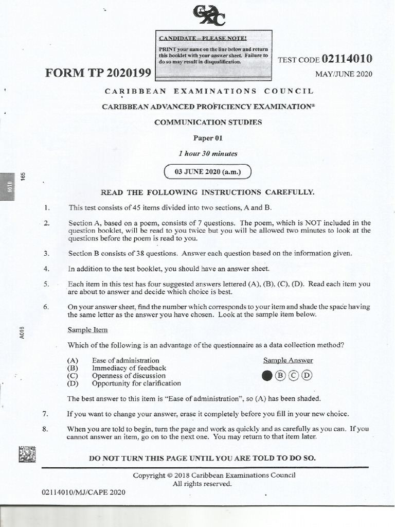 Cape Communication Studies Unit 1 Paper 1 2020 | PDF