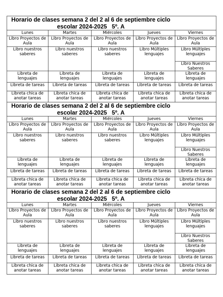 Horario de Clases Semana 2 Del 2 Al 6 de Septiembre Ciclo Escolar 2024 ...