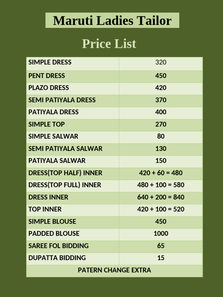 Maruti Ladies Tailor Price List | PDF