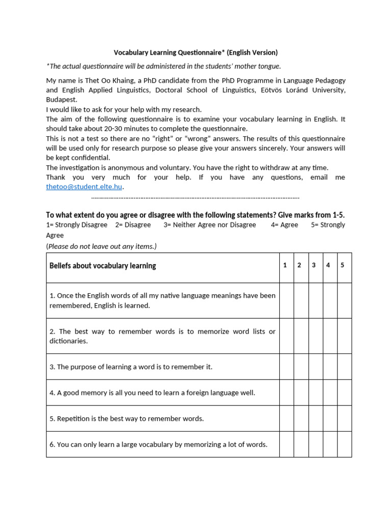 Vocabulary Learning Questionnaire | PDF | Semantics | Vocabulary