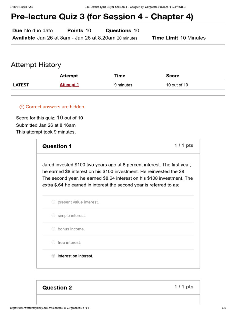 Pre-Lecture Quiz 3 (For Session 4 - Chapter 4) - Corporate Finance ...