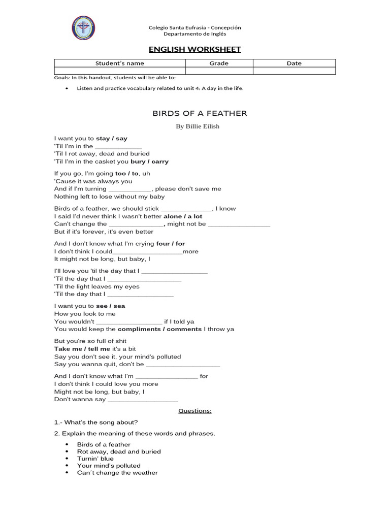 English Worksheet: Billie Eilish Analysis | PDF
