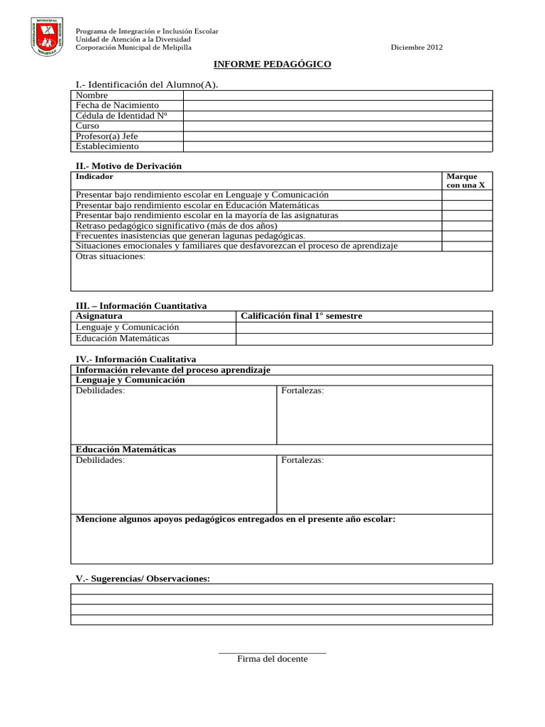 Formato Informe Pedagógico (Profesor de Aula) | PDF