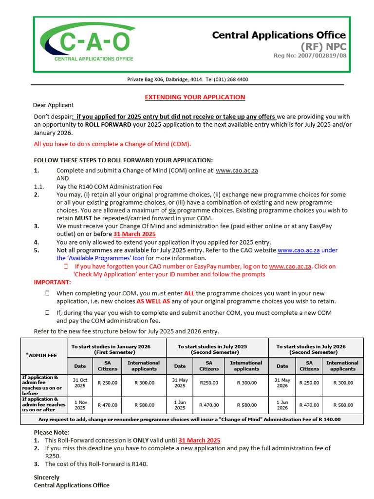 Roll Forward Your CAO Application 2026 | PDF